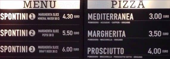 Menu da Spontini ristorante, Milano, Via Tortona