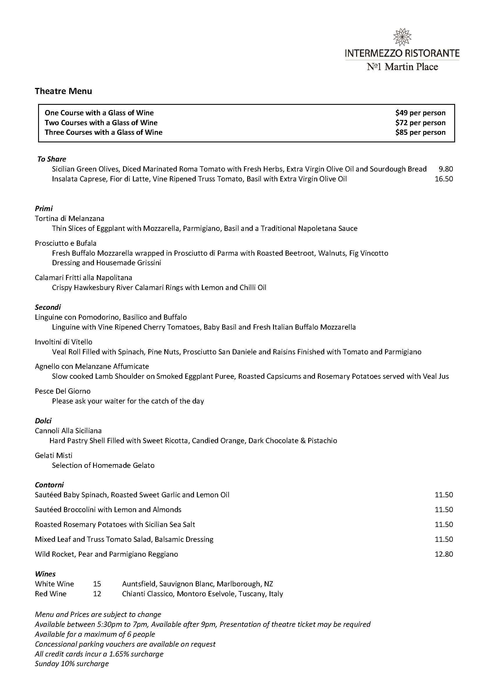 Menu at Intermezzo Italian Restaurant, Sydney