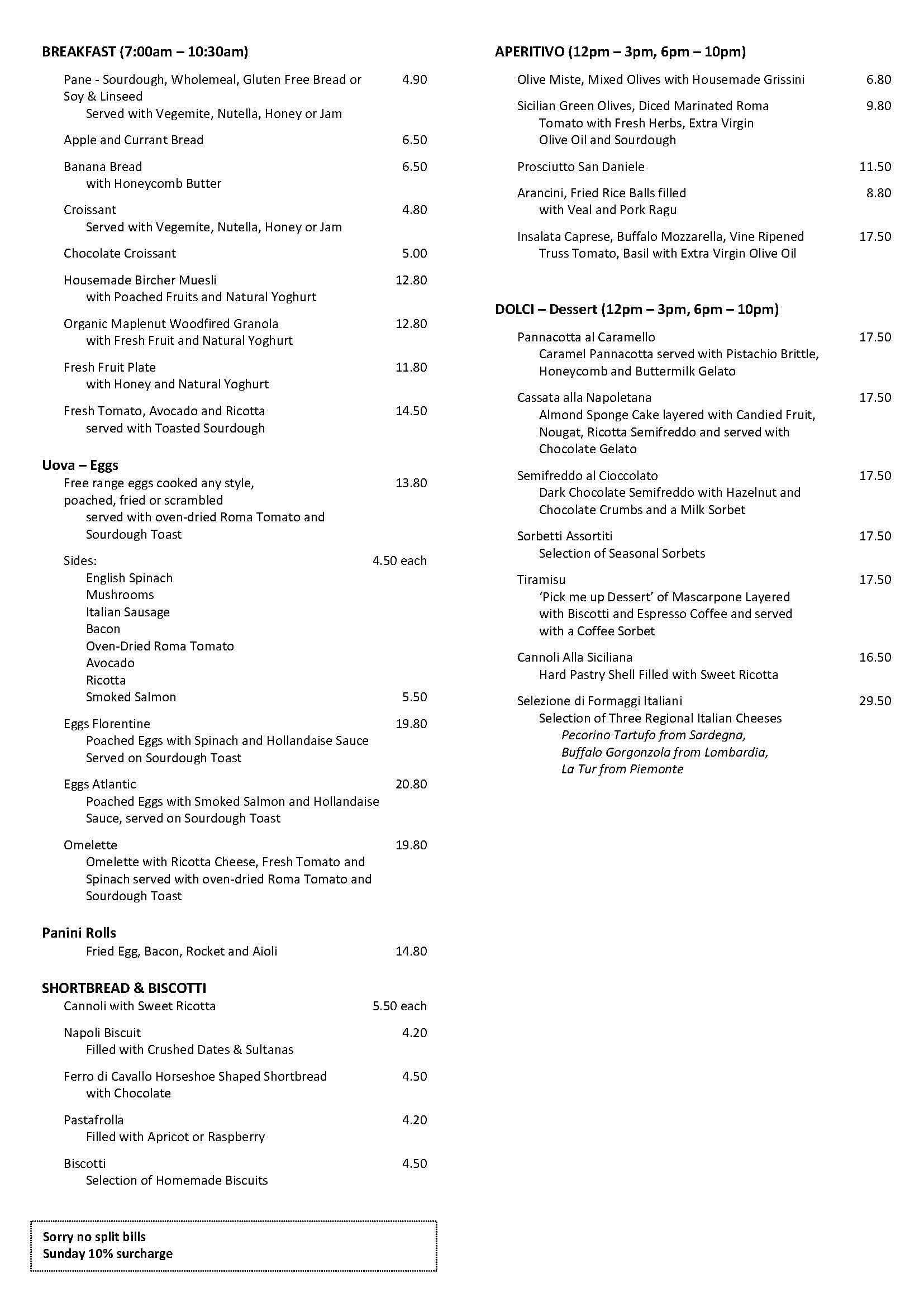 Menu at Intermezzo Italian Restaurant, Sydney