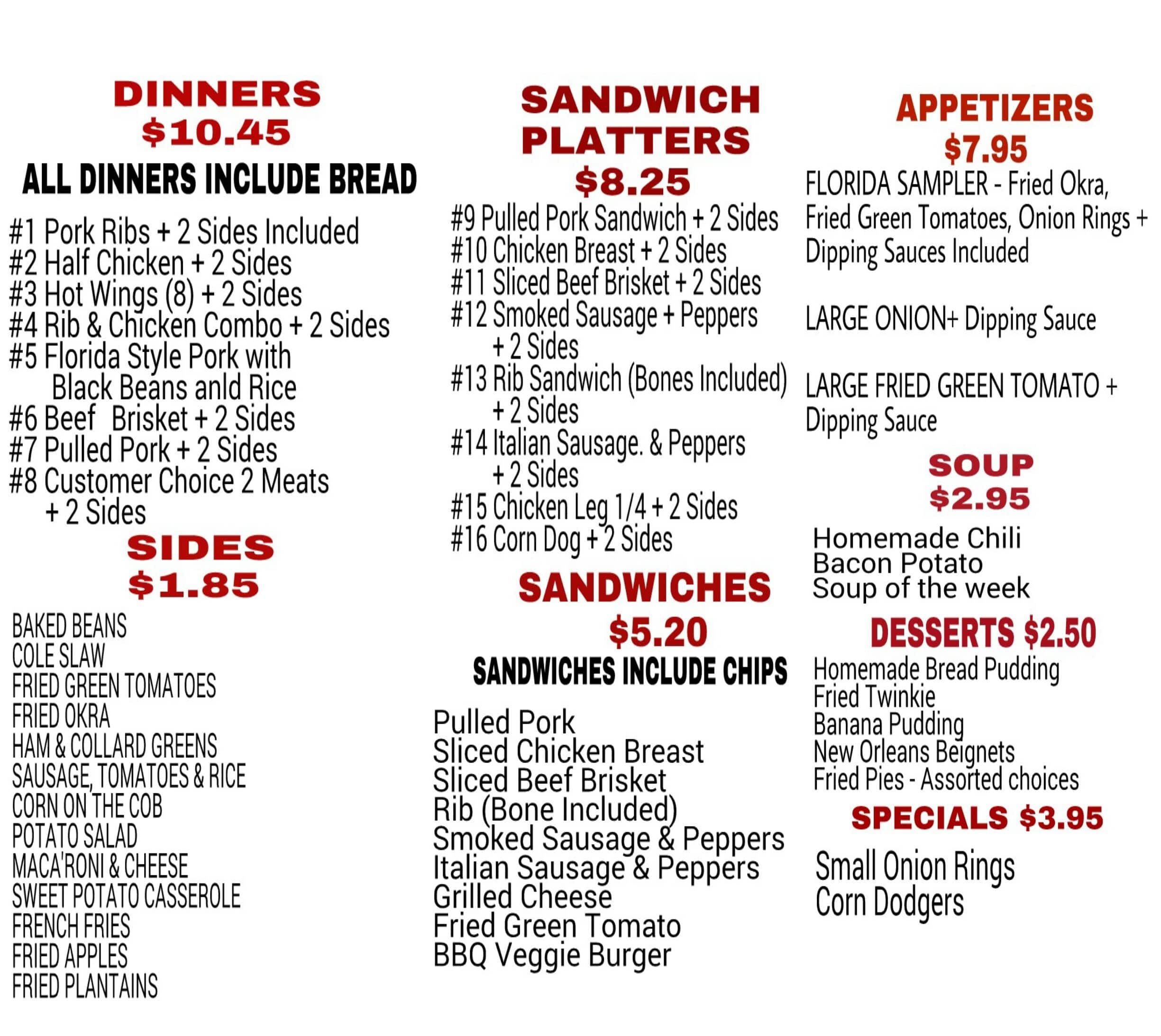 Menu at Deep South Family BBQ, Brooksville