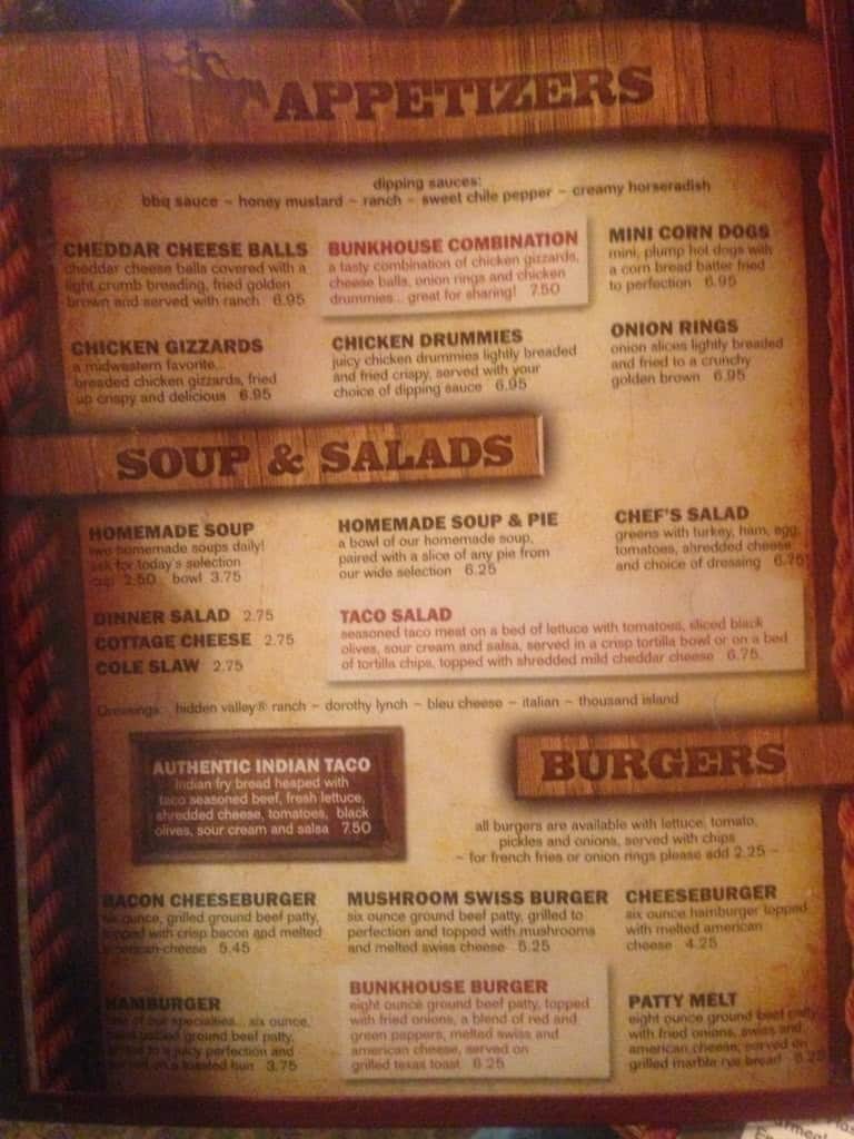 Menu at Bunkhouse, Valentine