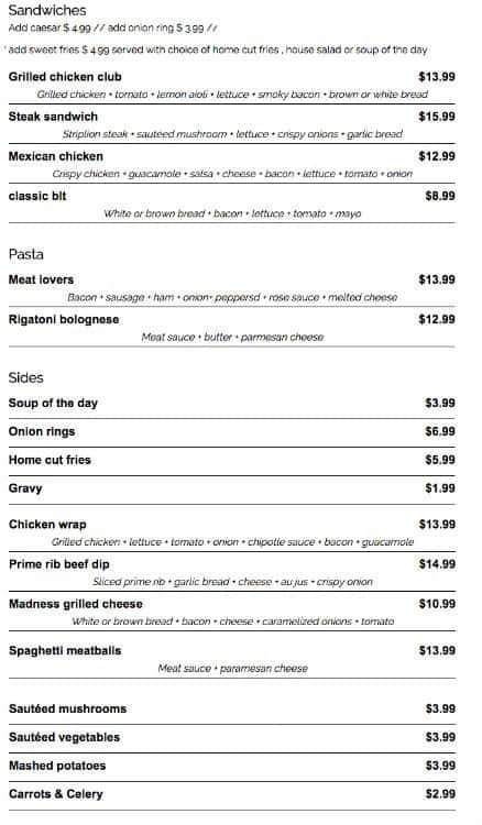 Menu at Midtown Gastro Hub restaurant, Toronto