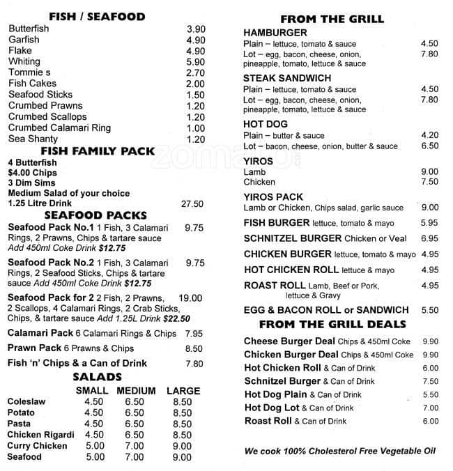 Menu at Elizabeth South Fish Shop fast food, Elizabeth South