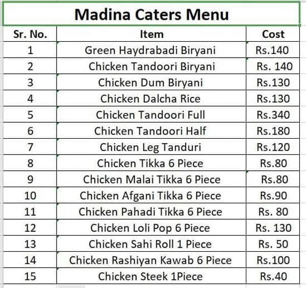 Menu of Madina Caterers, NIBM Road, Pune