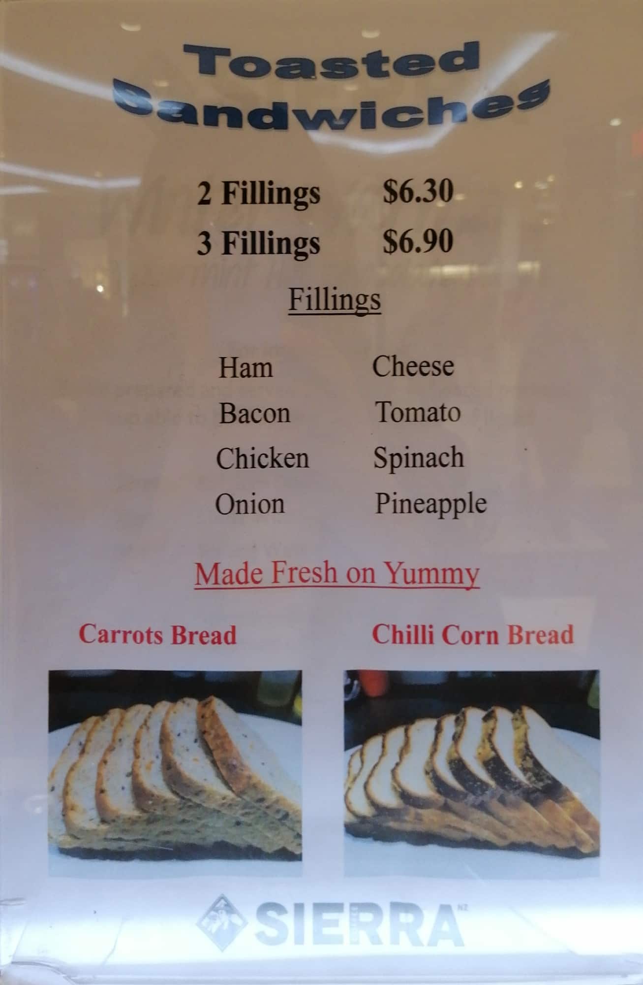 Menu at Sierra Cafe, Lower Hutt, Bunny St