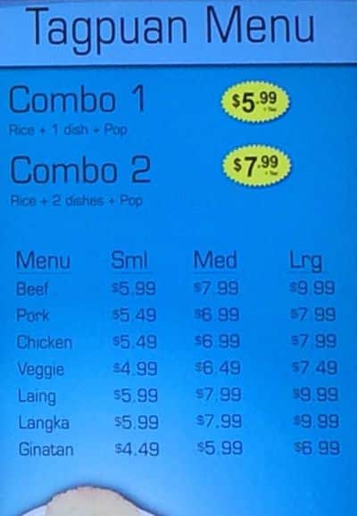 Menu at Tagpuan restaurant, Toronto, Victoria Park Ave