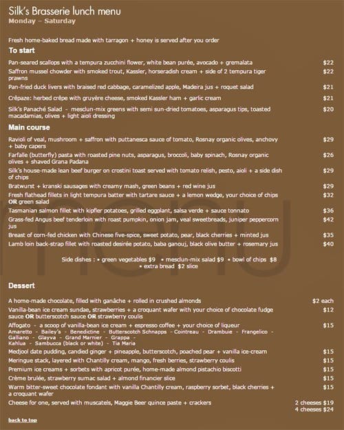 Menu at Silk's Brasserie restaurant, Leura