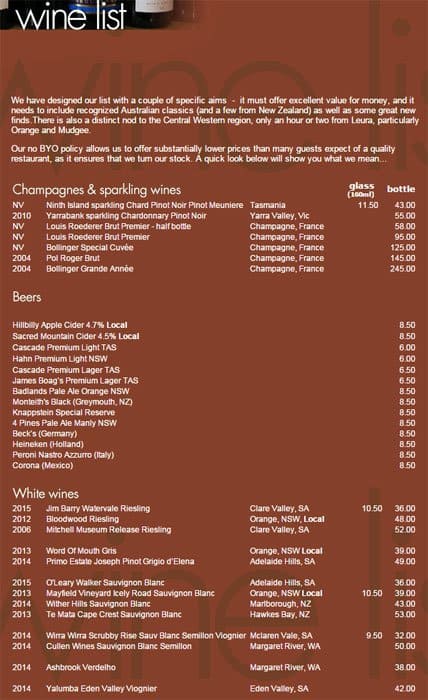 Menu at Silk's Brasserie restaurant, Leura