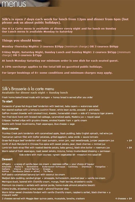 Menu at Silk's Brasserie restaurant, Leura