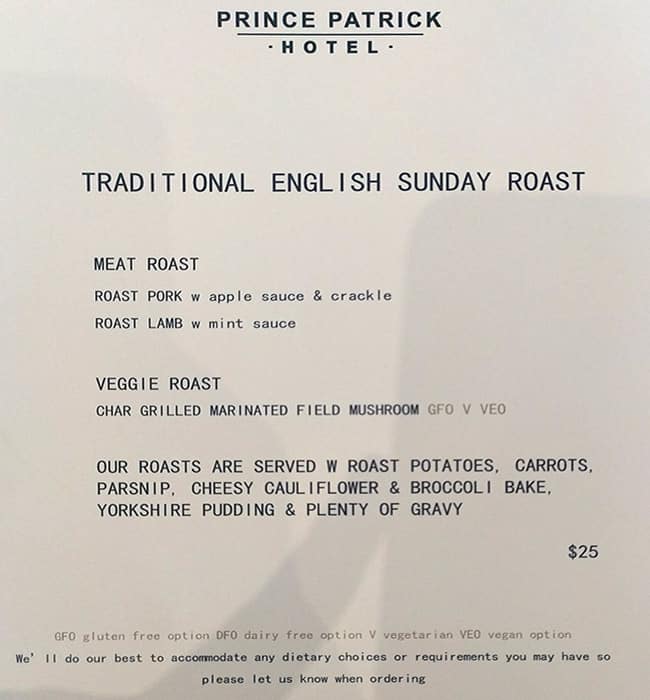 Menu at Prince Patrick Hotel pub & bar, Collingwood