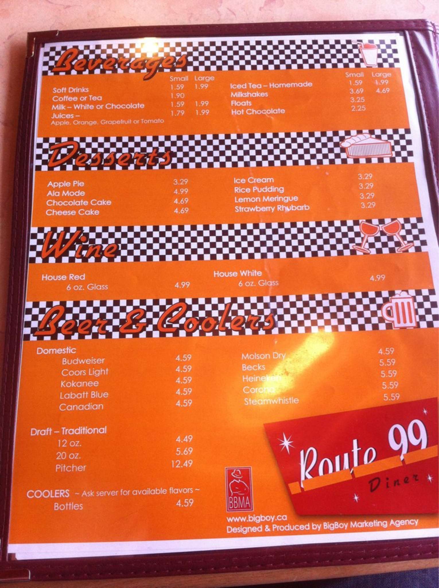 Menu at Route 99 Diner restaurant, Edmonton