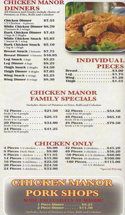 Menu at Chicken Manor restaurant, Addison, 437 Addison Rd