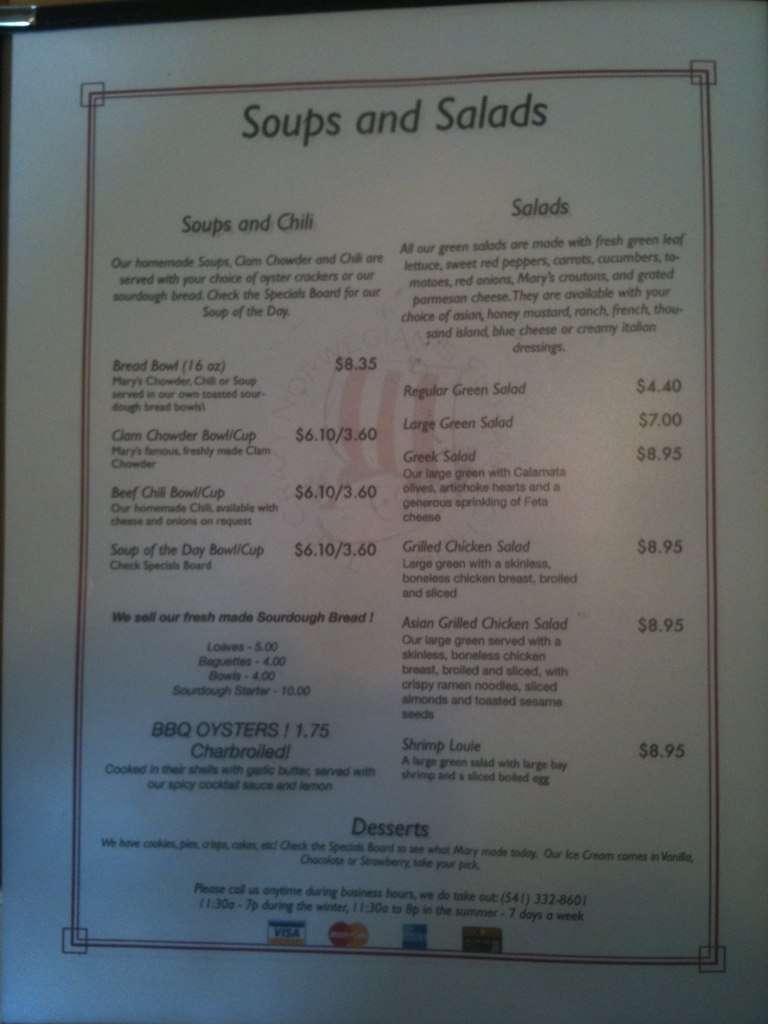 Menu at The Crazy Norwegian's Fish & Chips restaurant, Port Orford