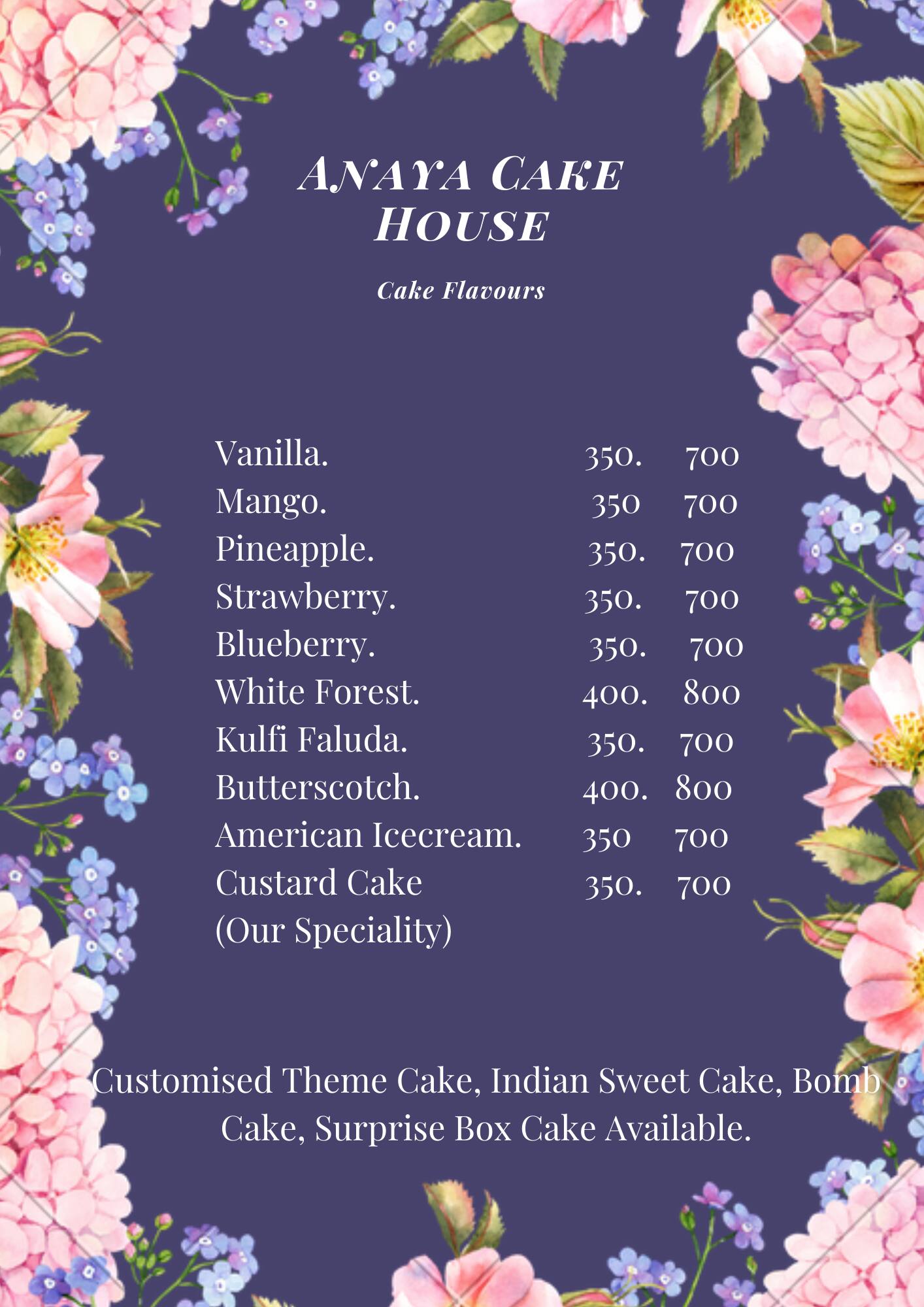 Menu of Anaya Cake House, Veera Desai Area, Mumbai