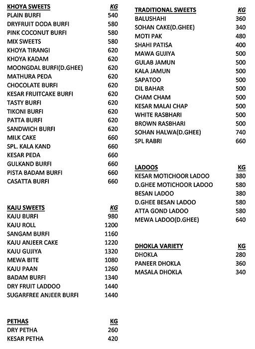 Menu at Bangla Sweet House, New Delhi