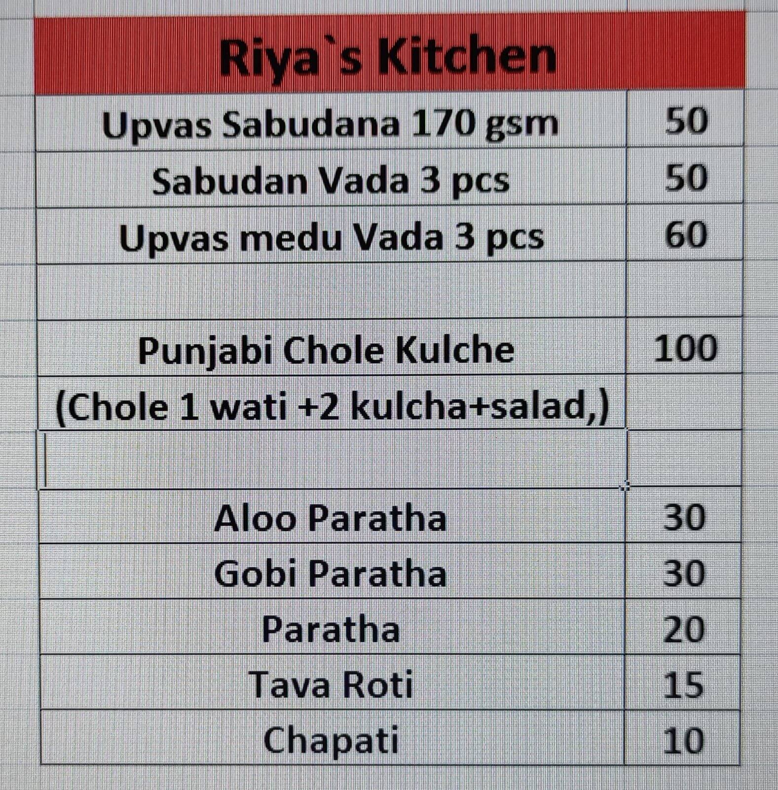 Menu of Riya's Kitchen, Chandan Nagar, Pune