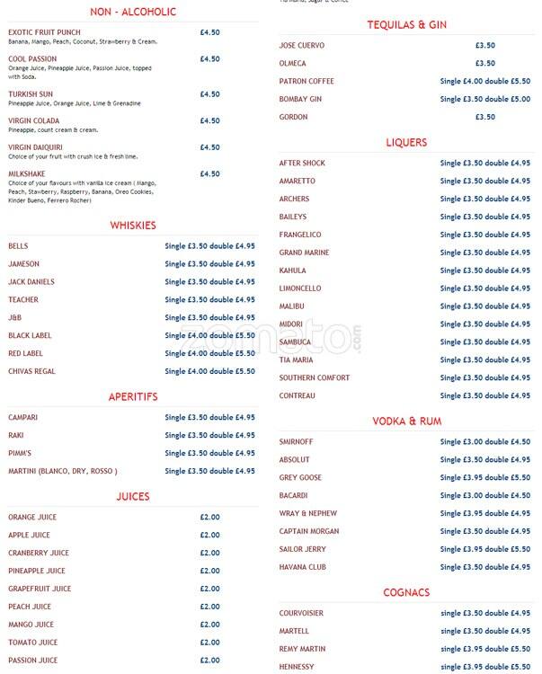 Menu at Istanbul Meze Mangal restaurant, London