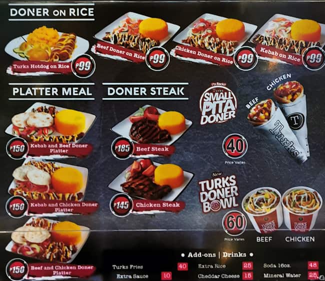 Menu at Turks restaurant, Quezon City, Shoppes at Victoria