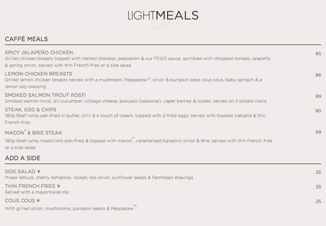 Menu at Fego Caffé cafe, Cape Town, Okavango Rd