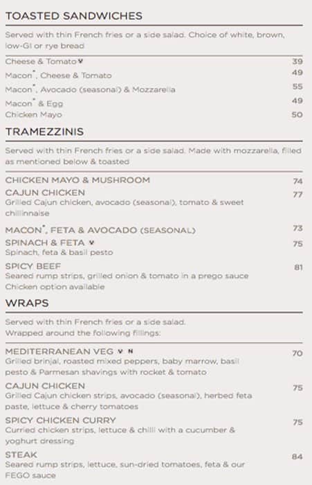 Menu at Fego Caffé cafe, Cape Town, Okavango Rd