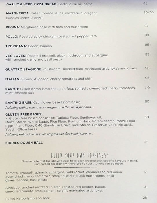 Menu au Laborie Estate restaurant, Paarl