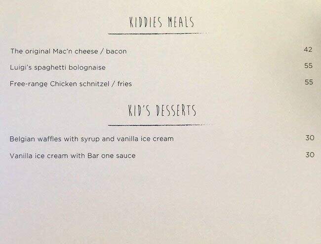 Menu au Laborie Estate restaurant, Paarl