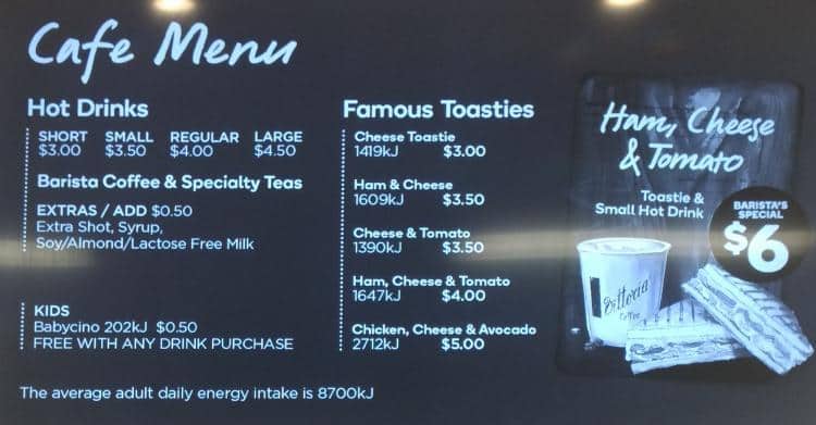 Menu at Woolworths Coffee Shop Gasworks cafe, Brisbane City