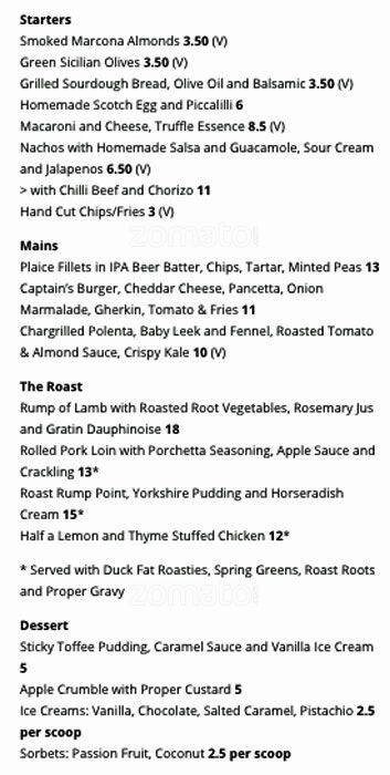 Menu at The Captain Cook pub & bar, London, 203-205 Dawes Road