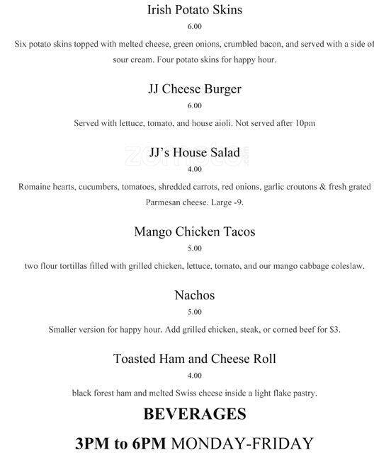 Menu at JJ Mahoney's pub & bar, Redmond