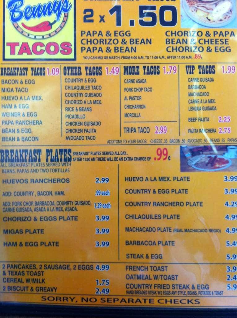 Menu at Benny's Tacos restaurant, San Antonio, Walzem Rd
