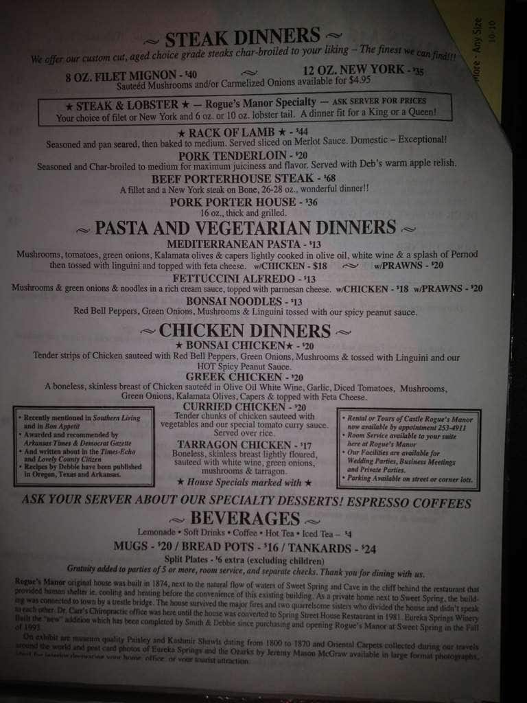 Menu at Rogue's Manor BBQ, Eureka Springs