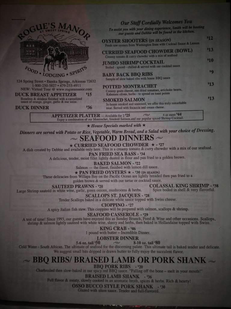 Menu at Rogue's Manor BBQ, Eureka Springs