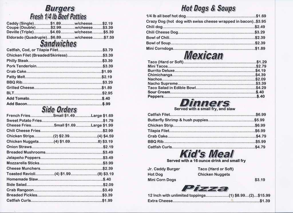 Menu at Cadillac Bill's restaurant, Elsberry