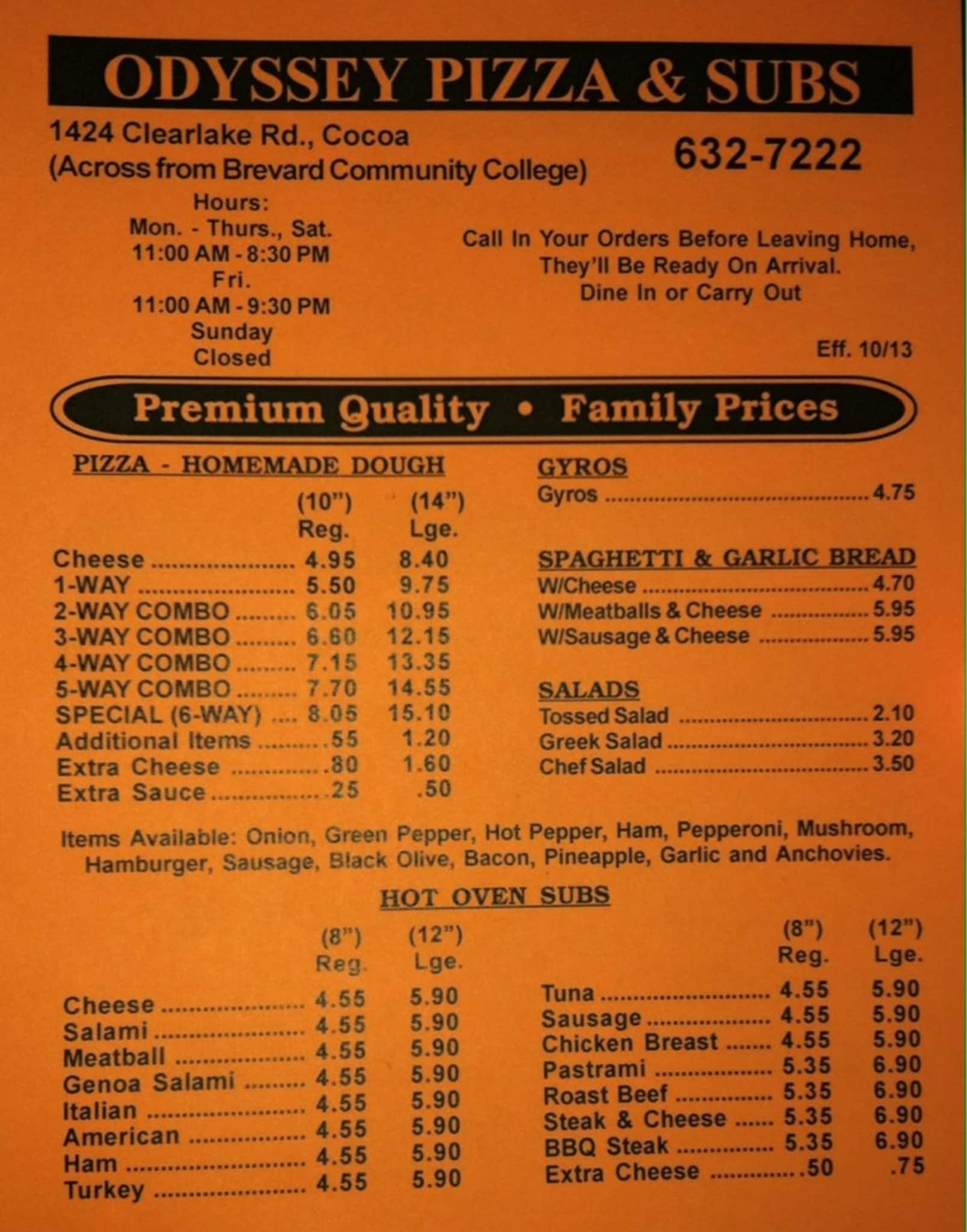 Menu at Odyssey Pizza pizzeria, Cocoa