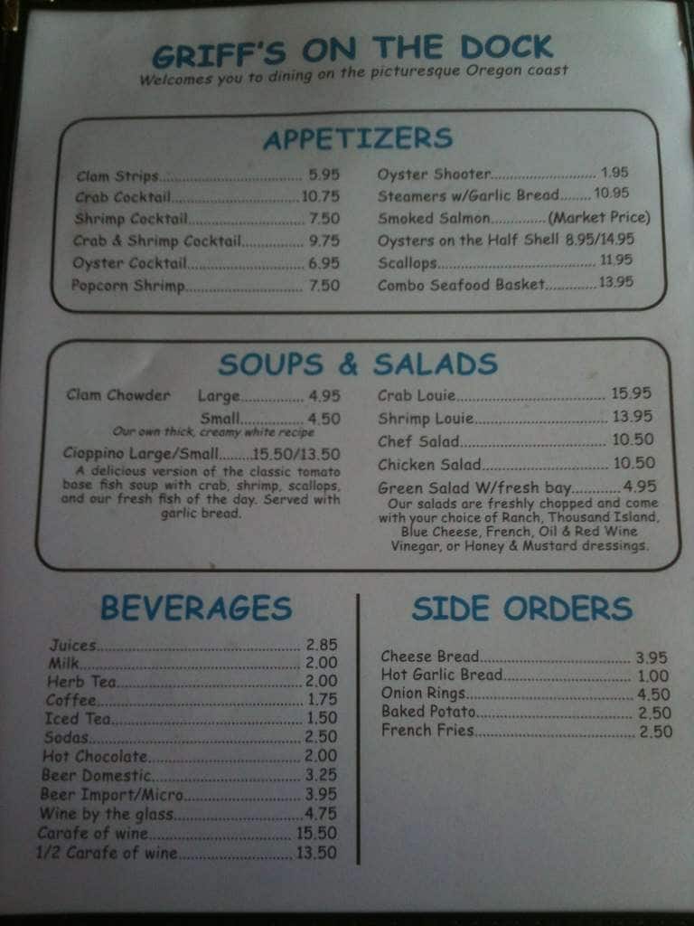 Carta del restaurante Griff's On the Dock, Port Orford