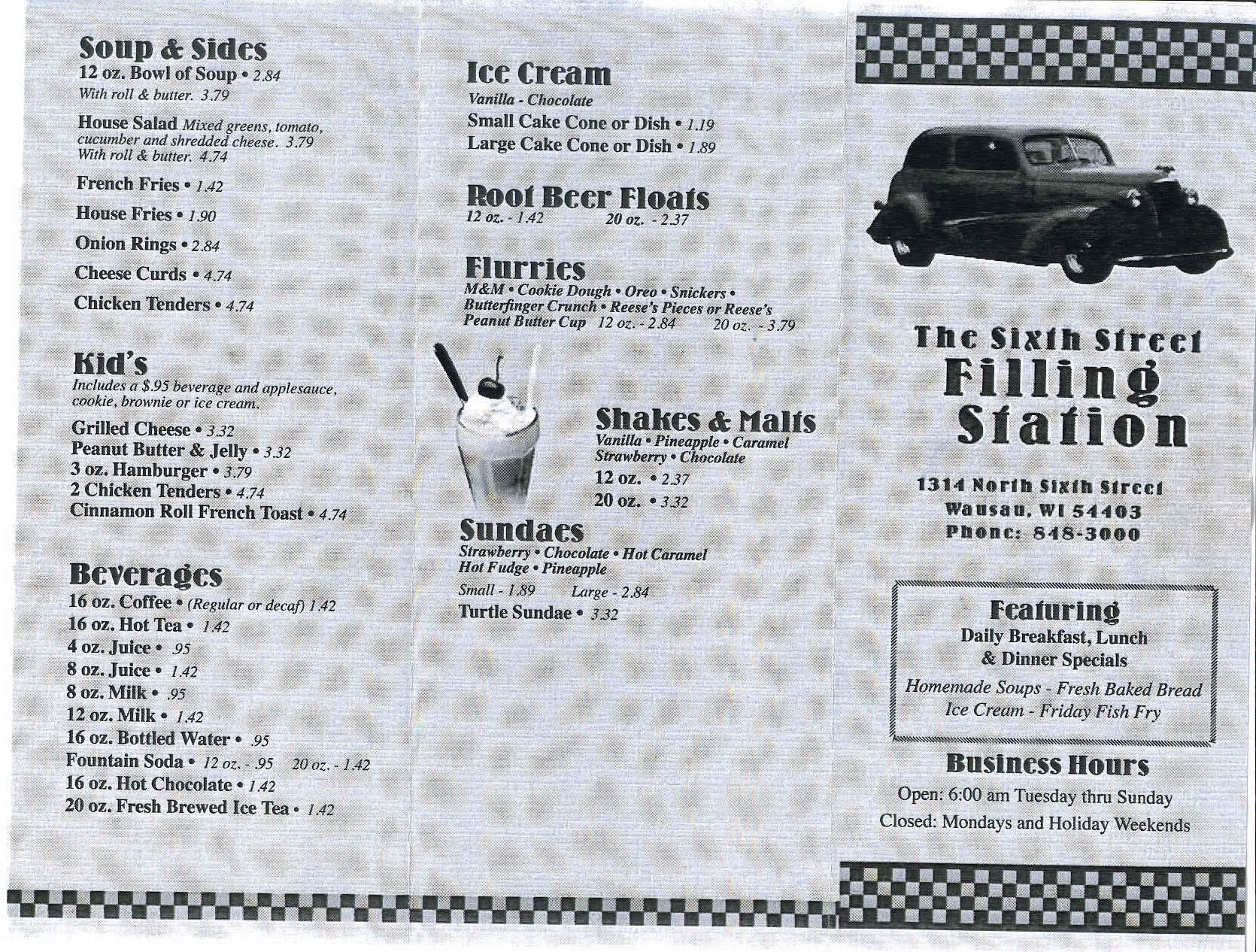 Menu at 6th Street Filling Station cafe, Wausau