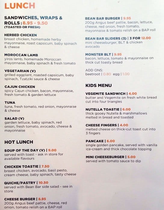 Menu at Bean Bar, Adelaide, 1/151 Pirie St