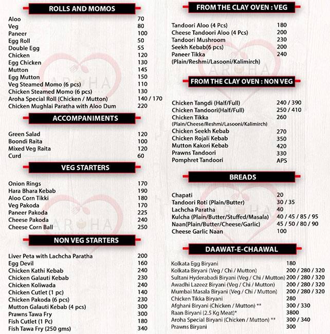 Menu of Aroha, Powai, Mumbai