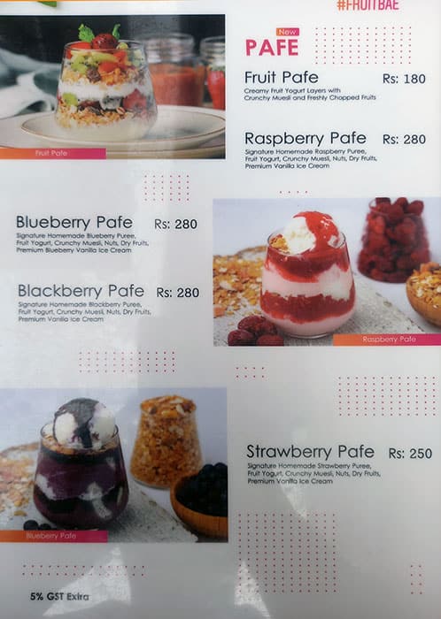 Menu at Fruit Bae, Thiruvananthapuram