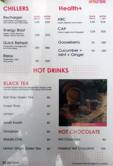 Menu at Fruit Bae, Thiruvananthapuram