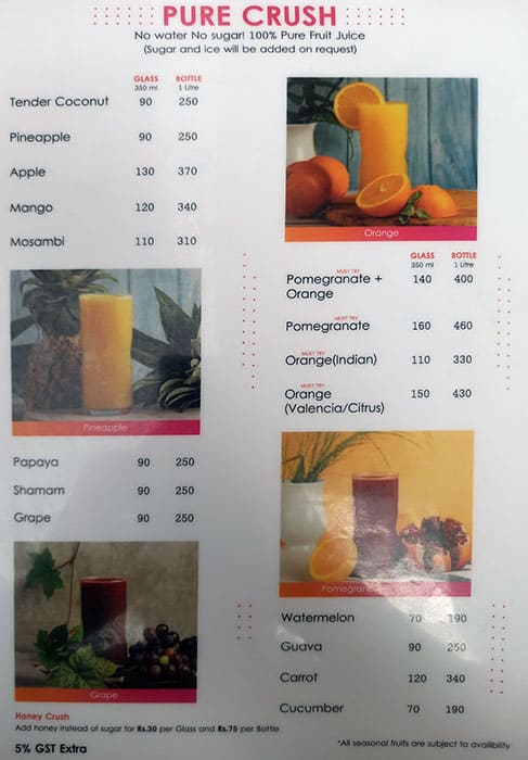 Menu at Fruit Bae, Thiruvananthapuram