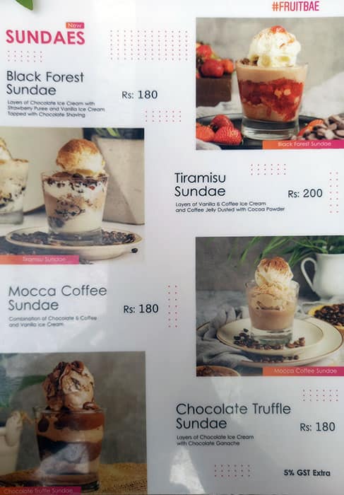 Menu at Fruit Bae, Thiruvananthapuram