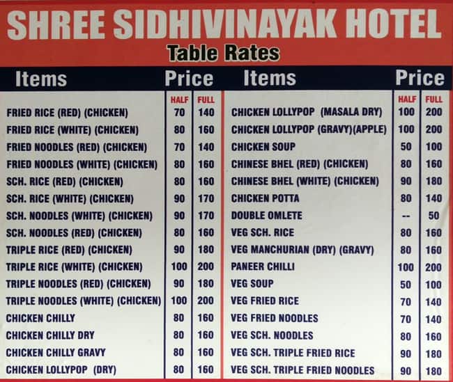 Menu of Shree Sidhivinayak Hotel, Kandivali West, Mumbai