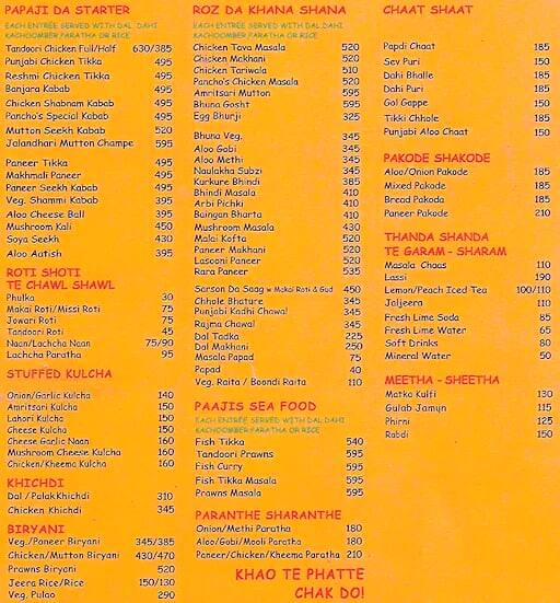 Menu of Papa Pancho Da Dhaba, Pali Hill, Bandra West, Mumbai