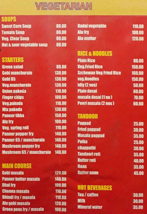 Menu at Peninsula Hotel, Chennai