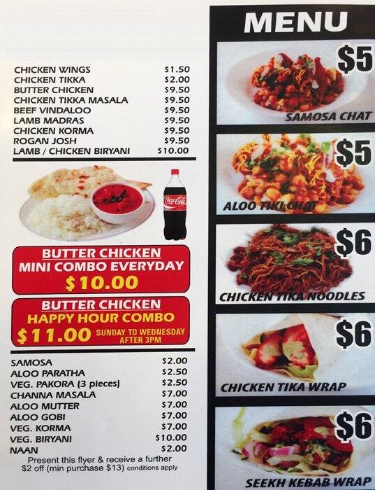 Menu at Shamiana restaurant, Auckland, Manukau Supa Centa