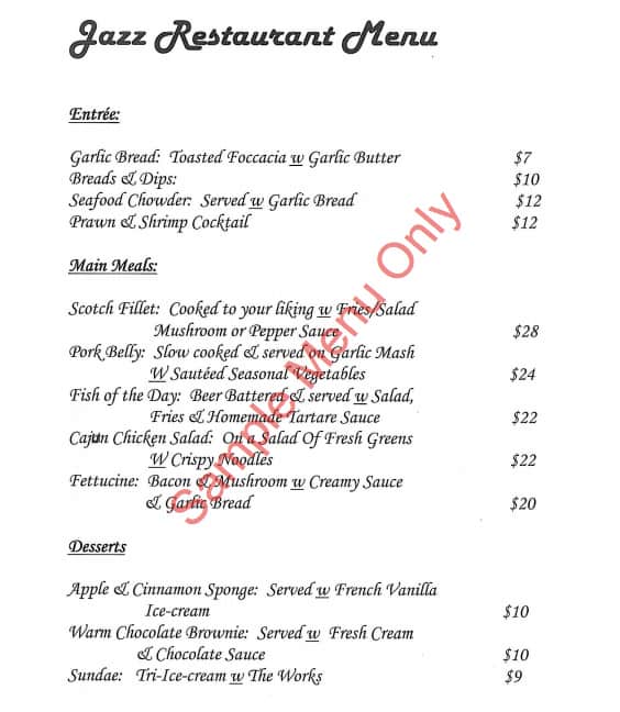 Menu at Jazz Restaurant & Bar, Pukekohe
