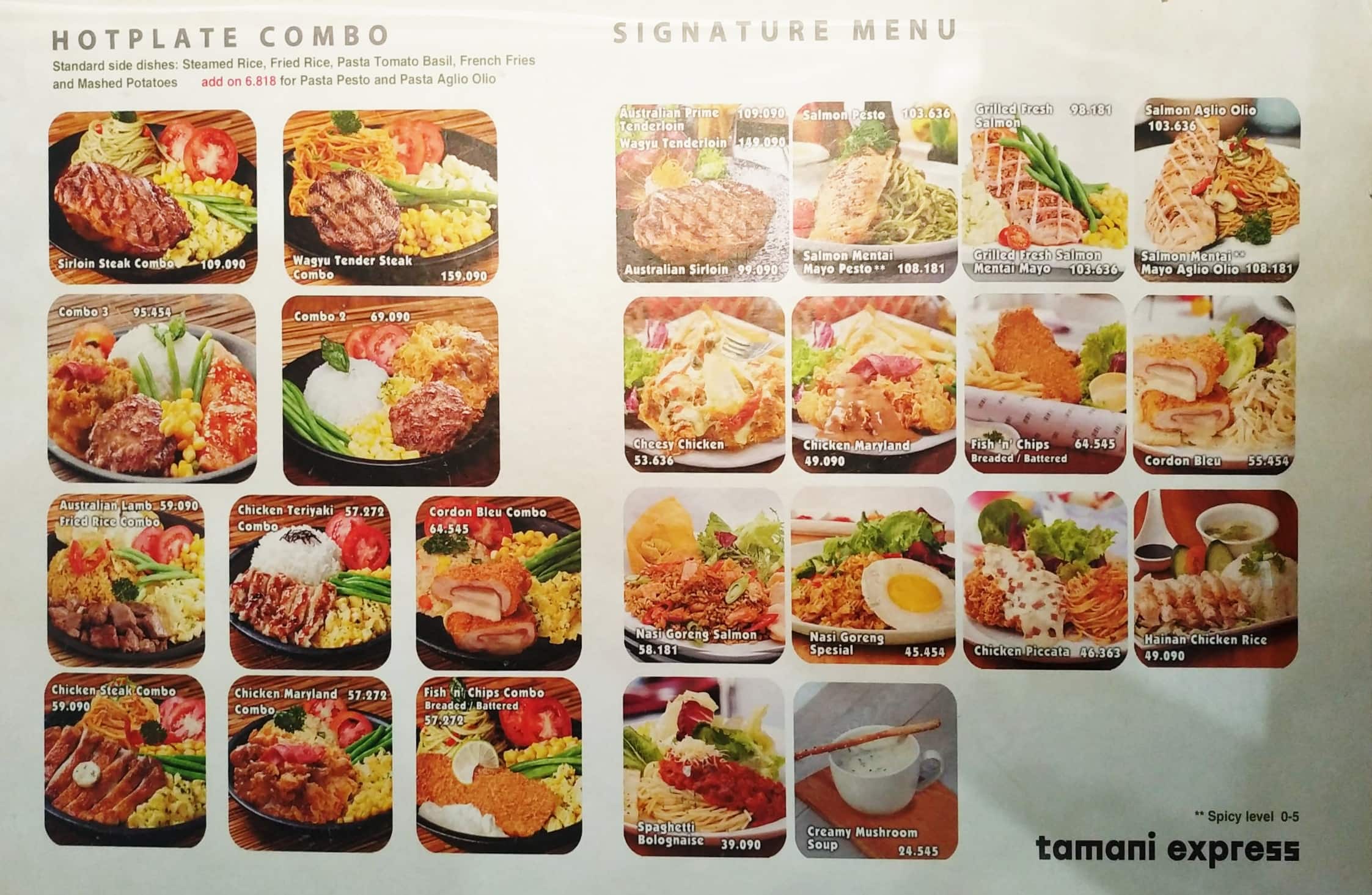 Menu at Tamani Express restaurant, Central Jakarta, Jl. Asia Afrika No. 8