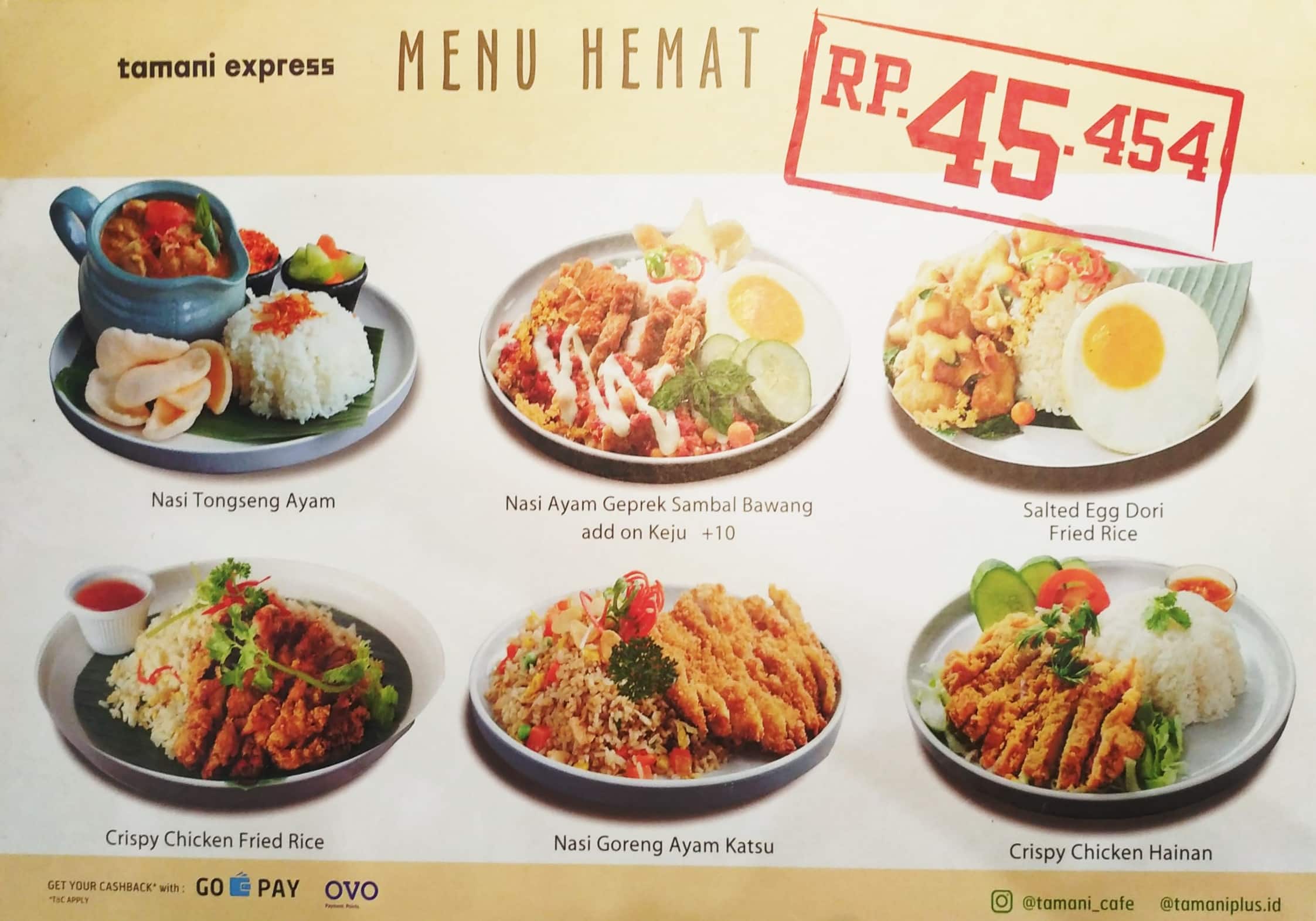 Menu at Tamani Express restaurant, Central Jakarta, Jl. Asia Afrika No. 8
