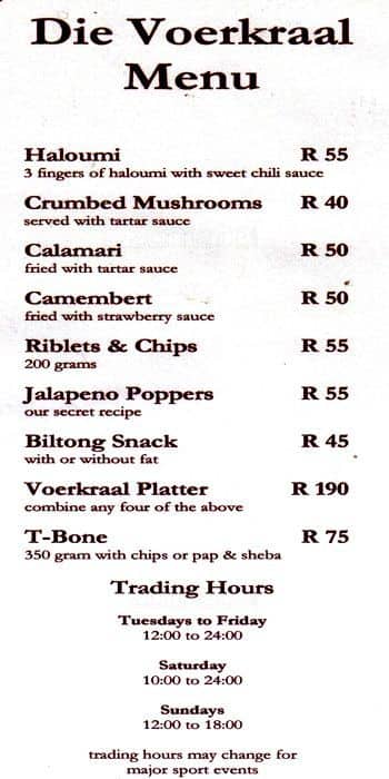 Menu at Die Voerkraal, Pretoria